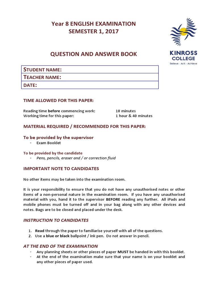 Year 8 English Examination SEMESTER 1, 2017: Tudent Name Eacher Name ...
