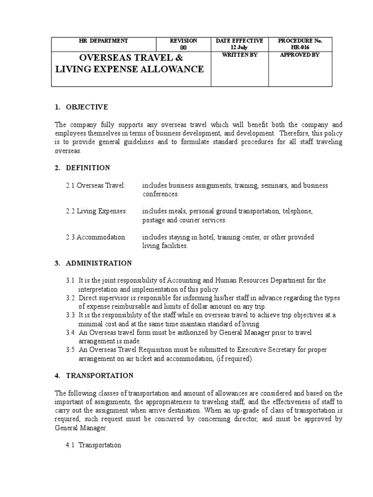Overseas Travel & Living Expense Allowance: 1. Objective | PDF | Per ...