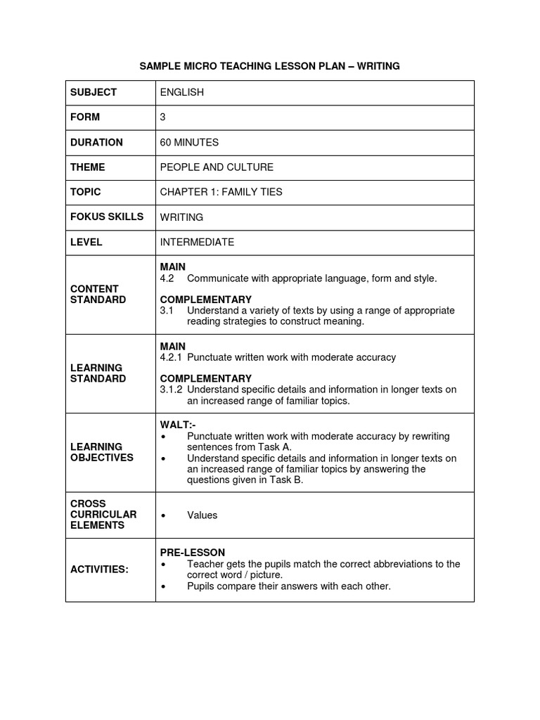 Sample Micro Teaching Lesson Plan - Writing | PDF | Lesson Plan ...