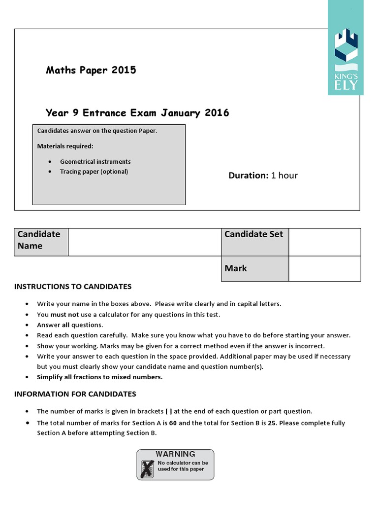 Year 9 Maths Entrance Exam 2016 | PDF | Teaching Methods & Materials