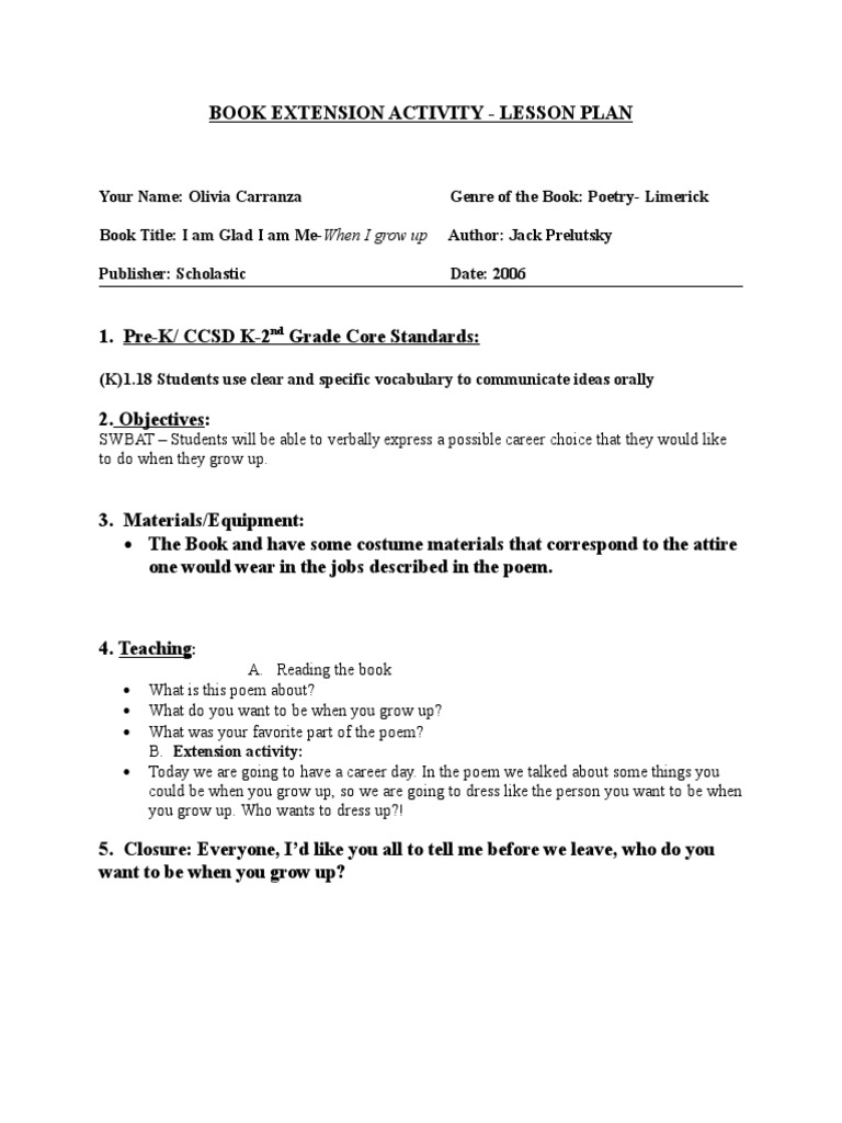 Book Extension Activity Lesson Plan When I Grow Up | PDF