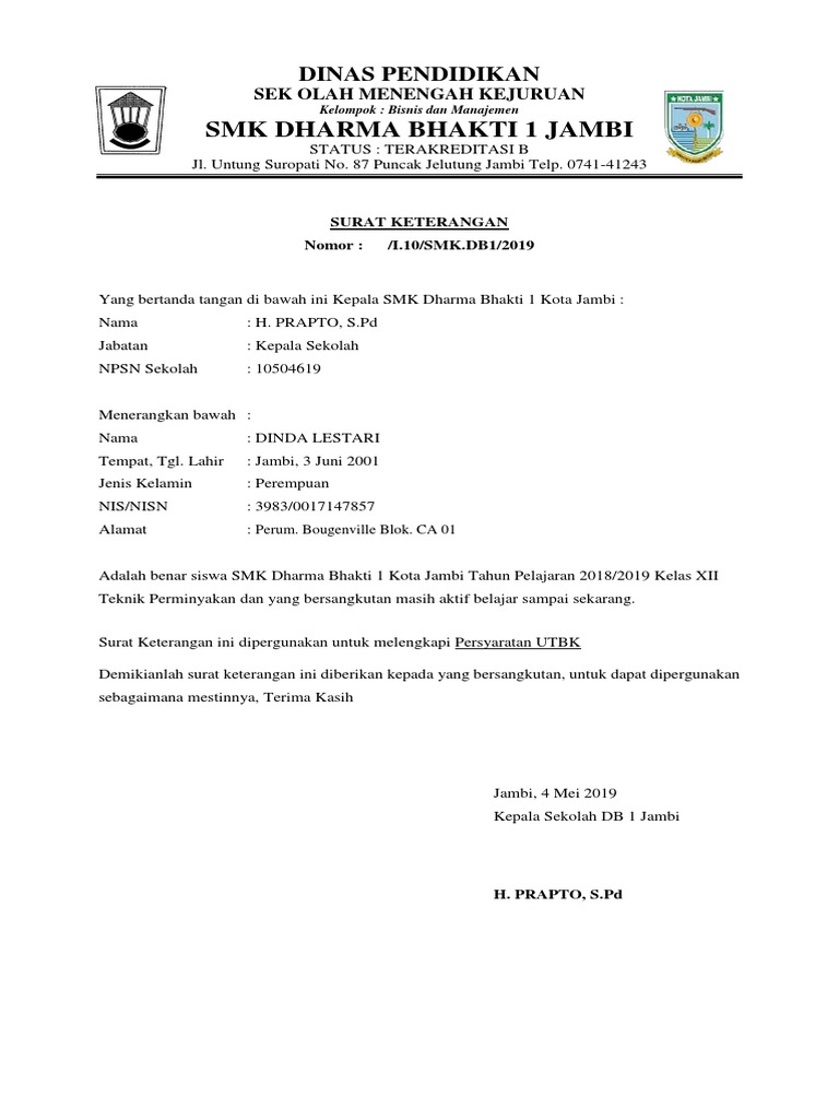 Surat Keterangan Siswa UTBK 2025 | PDF