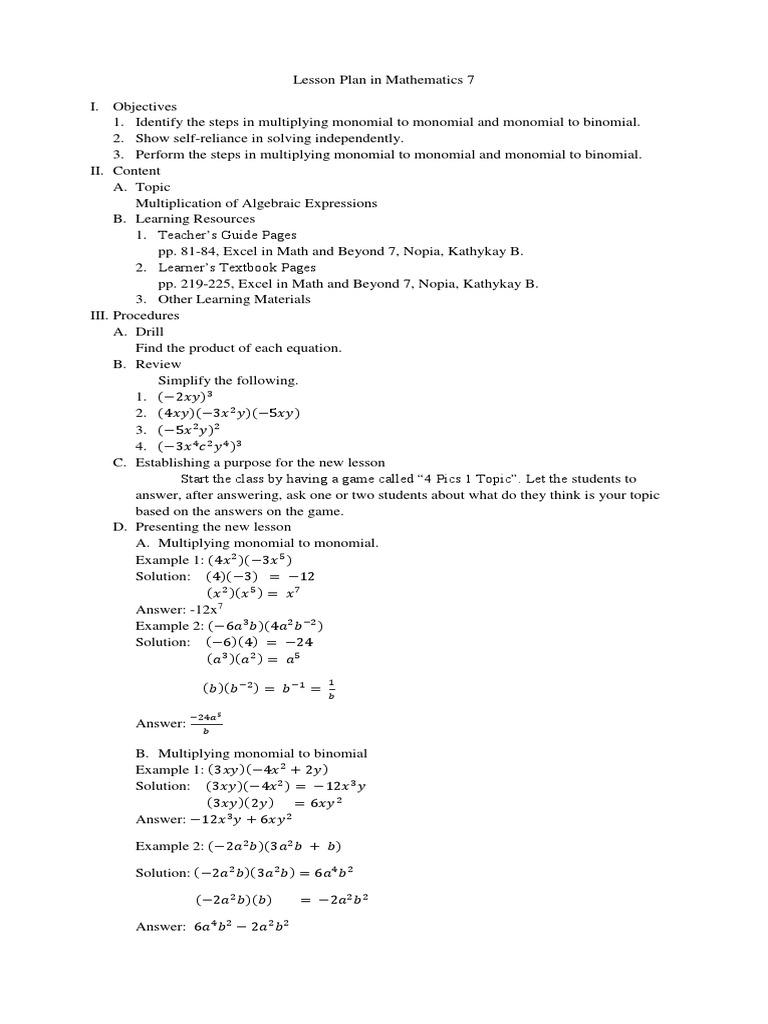 Multiplying Monomials and Binomials: A Lesson Plan on Algebraic Expressions | PDF | Lesson Plan ...