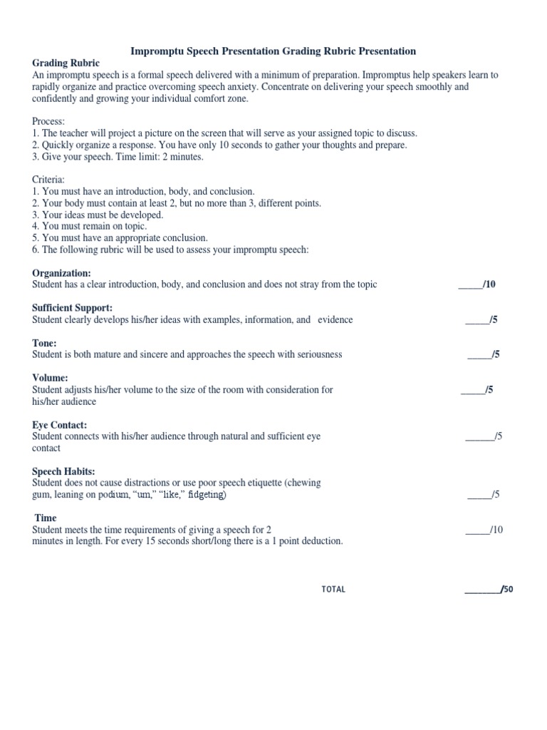 PC Impromptu Speech Rubrics | PDF | Career & Growth