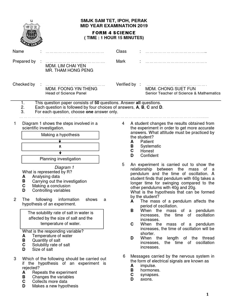 SMJK Sam Tet, Ipoh, Perak Mid Year Examination 2019 Form 4 Science ...