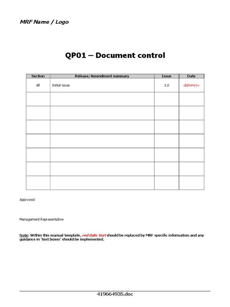 QP01 Document Control | PDF | Document | Computer Security