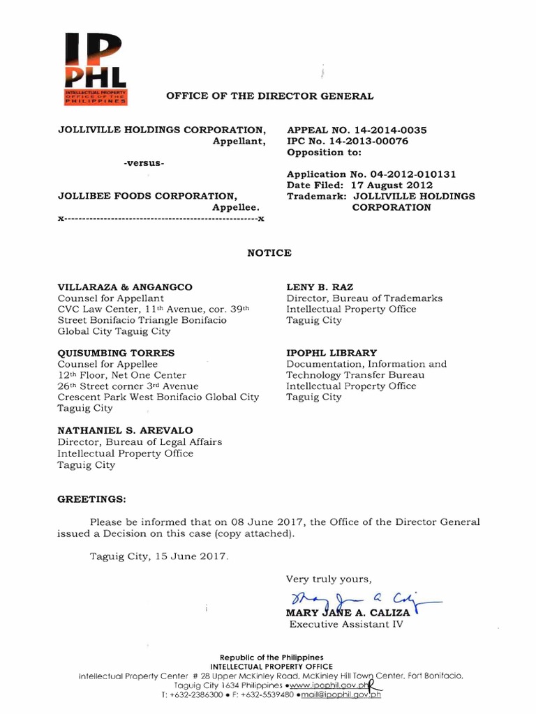 Jolliville Holdings V Jollibee PDF | PDF | Trademark | Appeal