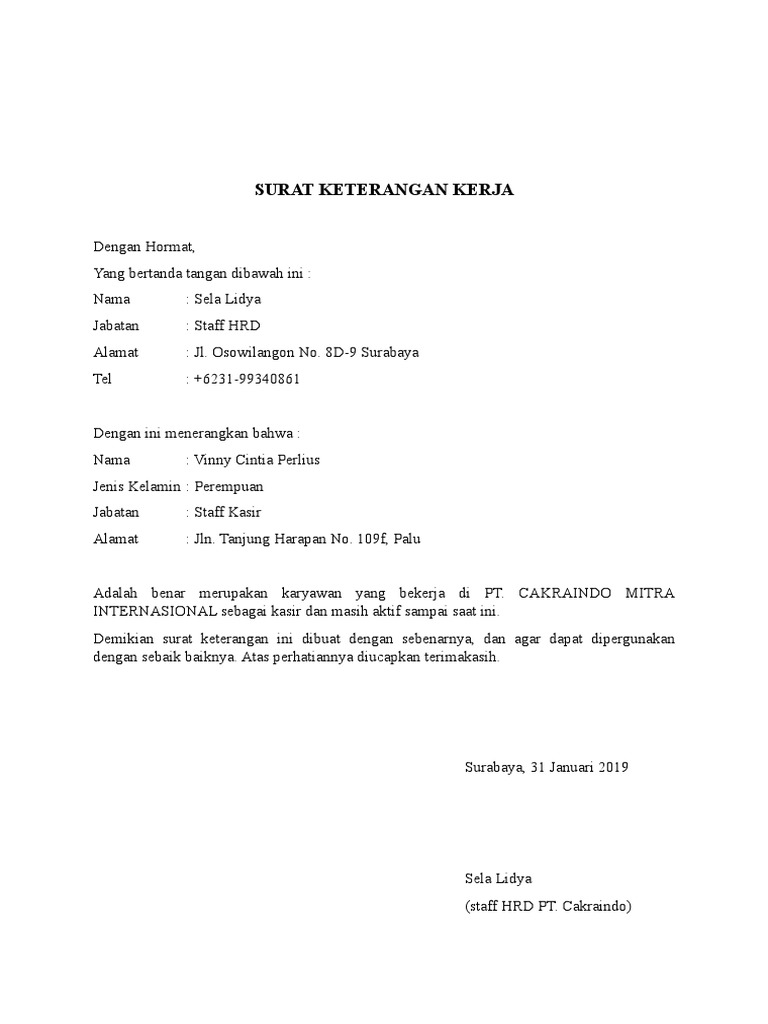 Surat Keterangan Kerja | PDF