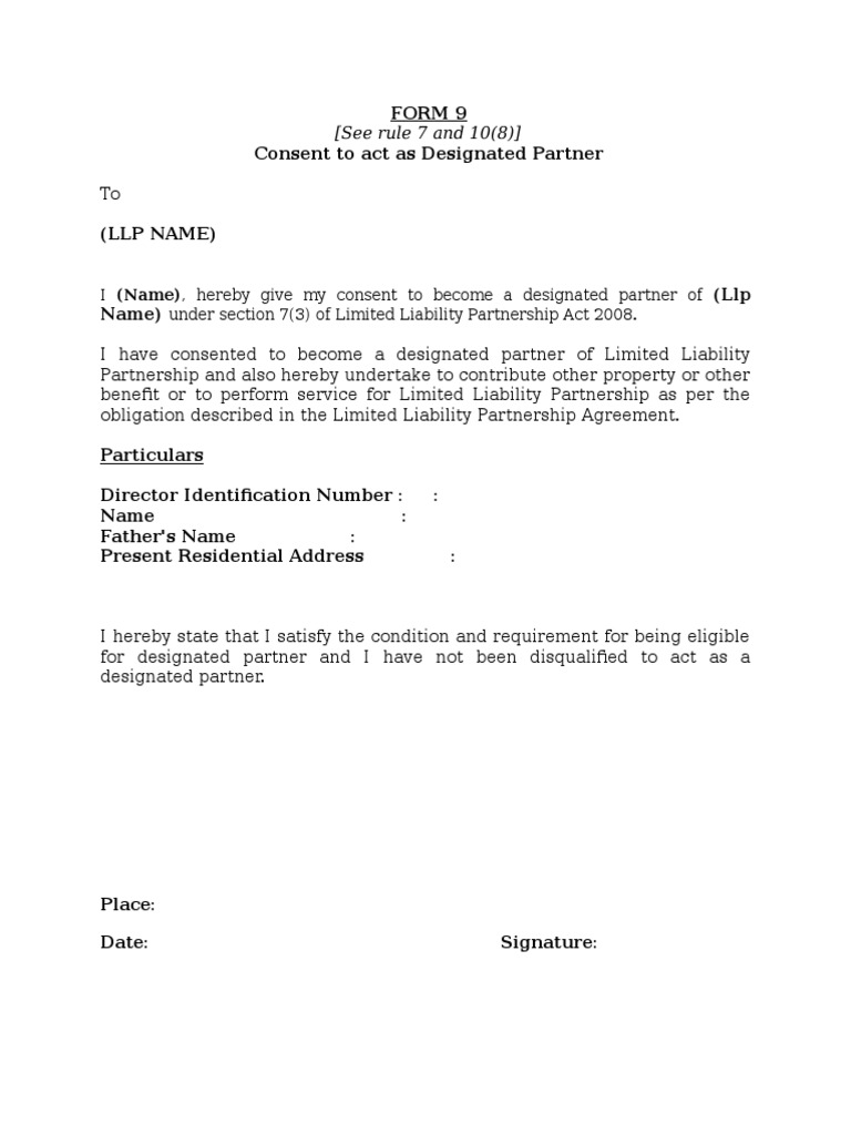 Form 9 Consent To Act As Designated Partner: (See Rule 7 and 10 (8) ) | PDF