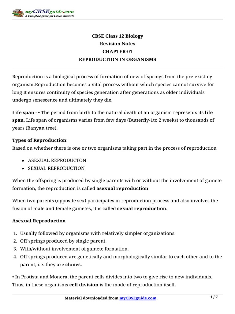 12 Biology Notes Ch01 Reproductions in Organisms | PDF | Fertilisation ...