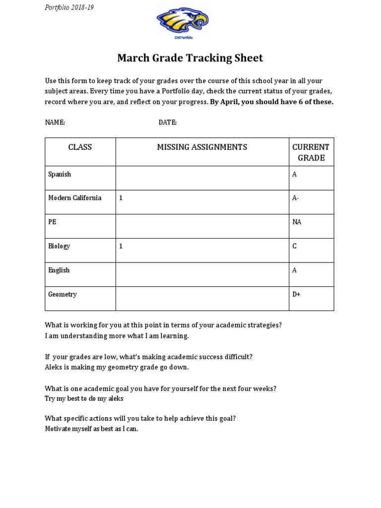March Grade Tracking Sheet | PDF | Teaching | Behavior Modification