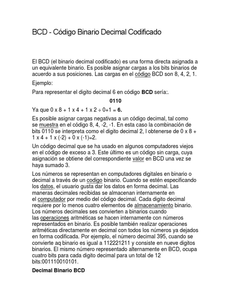 Bcd Código Binario Decimal Codificado Pdf Decimal Codificado En