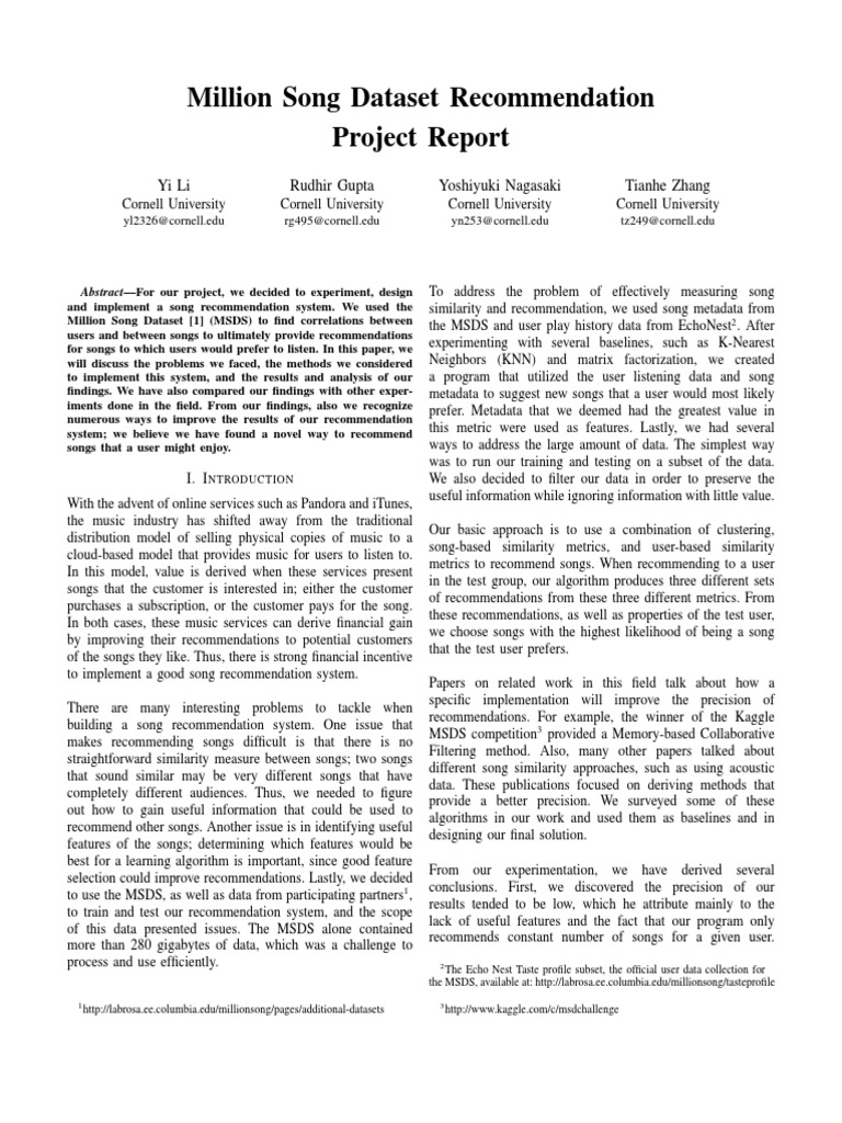 Million Song Dataset Recommendation Project Report: Yi Li Rudhir Gupta ...