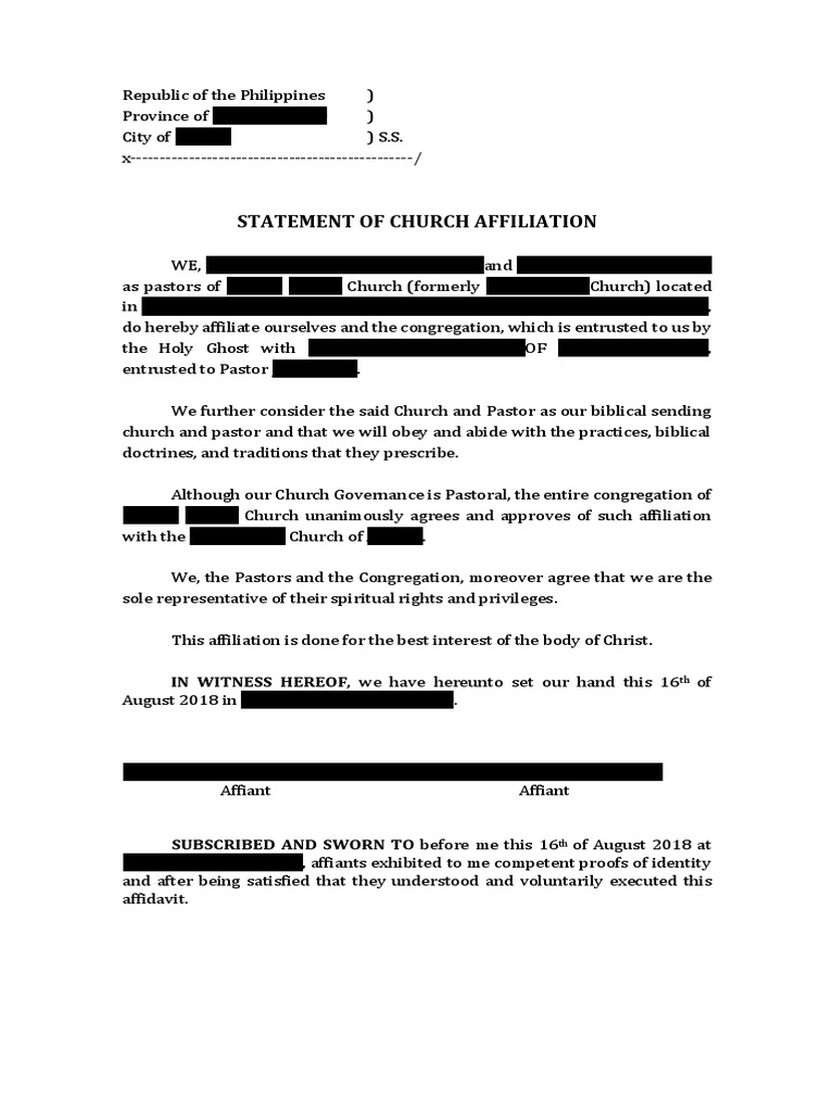 Statement of Church Affiliation: IN WITNESS HEREOF, We Have Hereunto ...