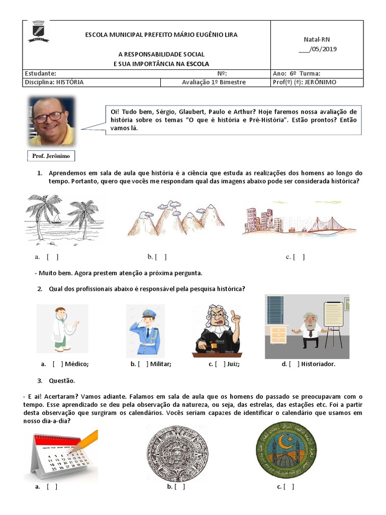 Prova Especial Hist 1bim 6ano 2019 | PDF | Imagem | Tempo