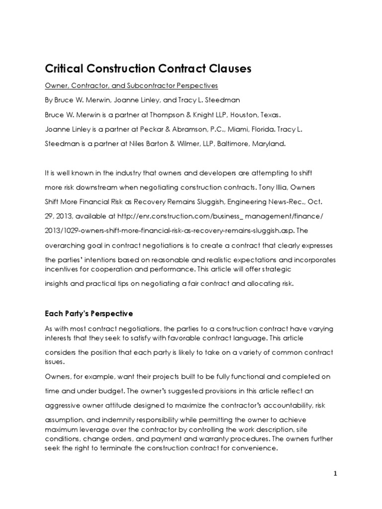 Critical Construction Contract Clauses | PDF | Indemnity | Law Of ...