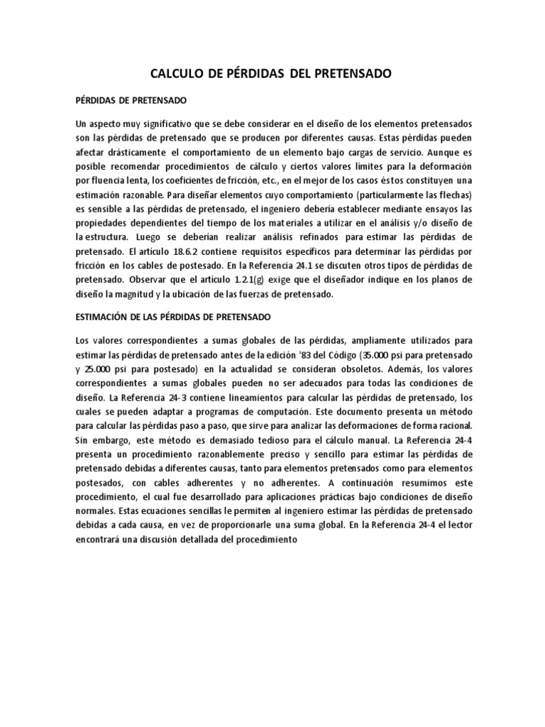 Calculo De Perdida Pdf Hormigón Pretensado Ingeniería Mecánica
