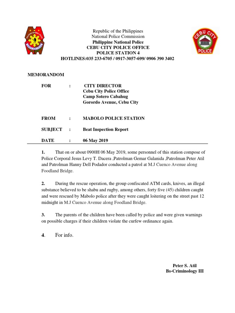 Beat Inspection Report - Mabolo Police | PDF | Wellness | Mystery ...