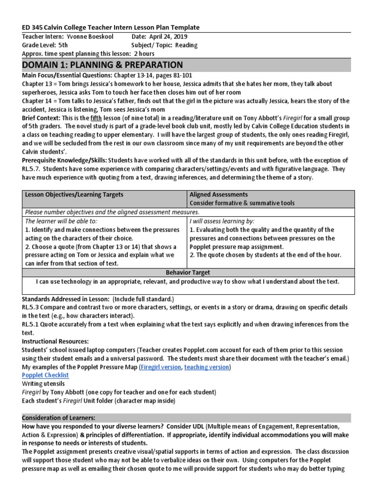 Domain 1: Planning & Preparation: ED 345 Calvin College Teacher Intern ...