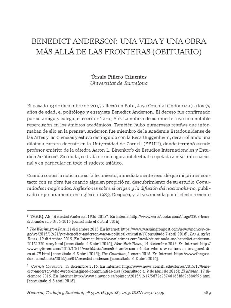 Biografía Benedict Anderson Una Vida y Una Obra | PDF | Nación ...