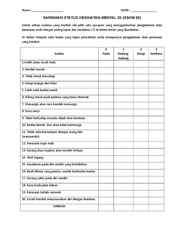 Saringan Status Kesihatan Mental 20 (SSKM 20) | PDF