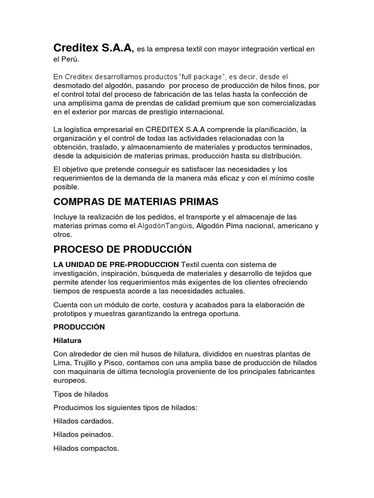 Creditex S.A.A: Líder Textil en Perú | PDF | Textiles | Algodón