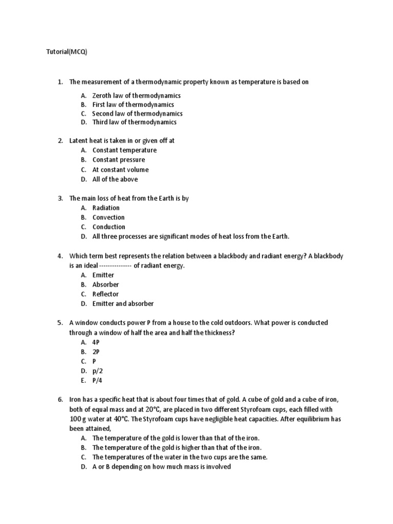 2018 Tutorial - Heat and Thermodynamics (MCQ) | PDF | Temperature | Entropy
