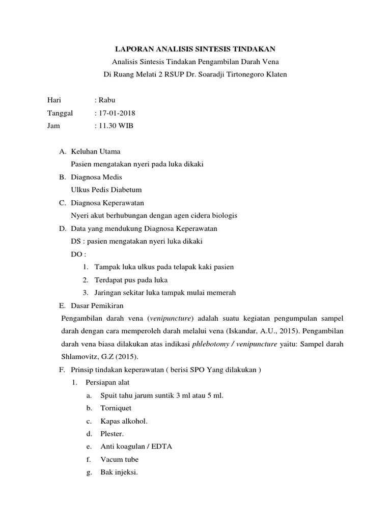 Laporan Analisis Sintesis Tindakan Pengambilan Darah Vena | PDF Laporan Analisis Sintesis Tindakan Pengambilan Darah Vena | PDF