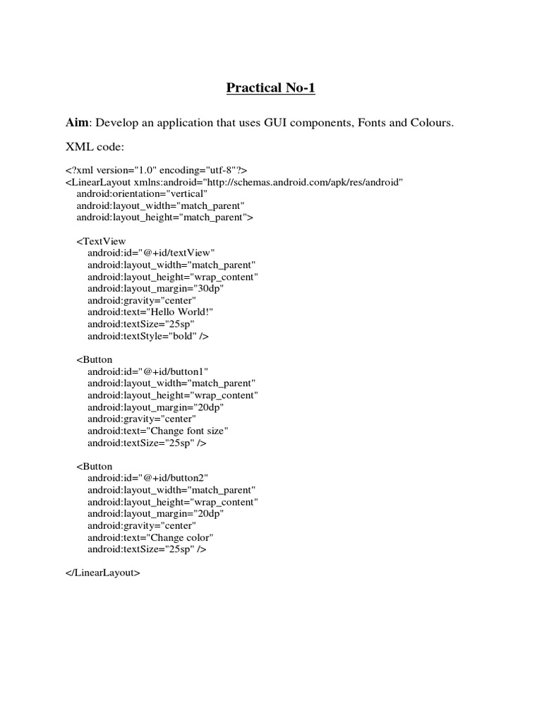 Practical No-1: Aim: Develop An Application That Uses GUI Components, Fonts and Colours | PDF ...