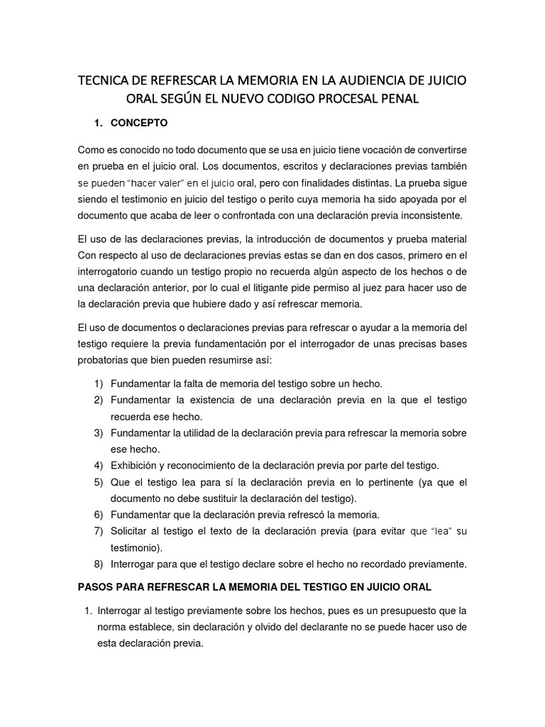 Refrescamiento De Memoria En Juicio Oral Pdf Evidencia Ley Testigo