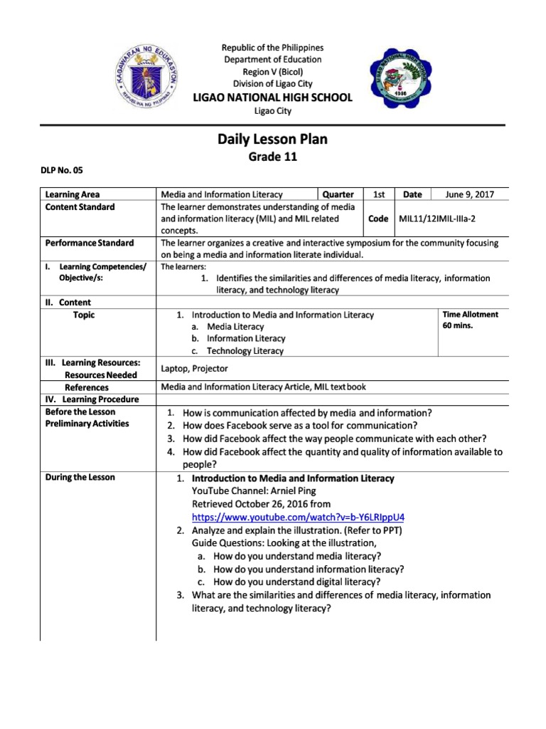 Daily Lesson Plan - MIL | PDF | Information Literacy | Mass Media
