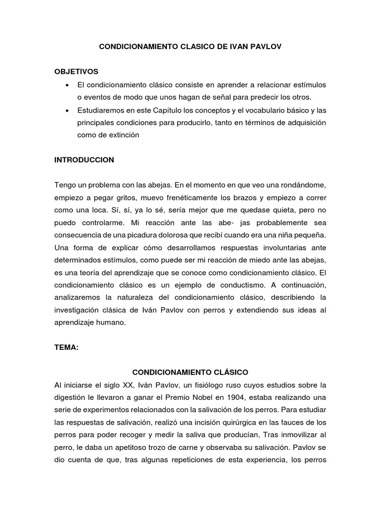 Condicionamiento Clásico de Pavlov | PDF | Perros | Aprendizaje
