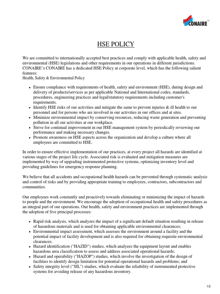 Hse Policy | PDF | Safety | Environmental Policy