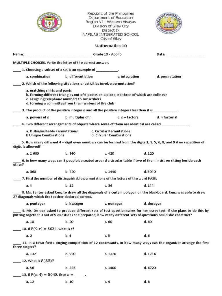 Math 10 | PDF | Permutation | Teaching Mathematics