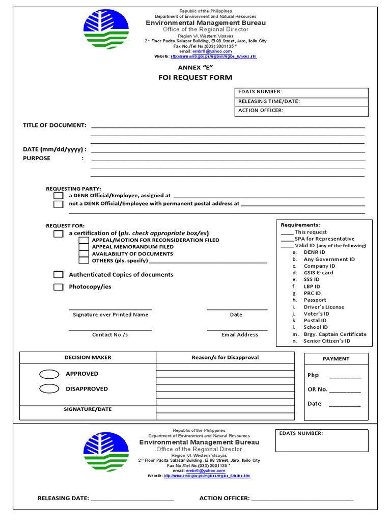 Denr Emb R6 Foi Form | PDF | Government And Personhood | Government ...