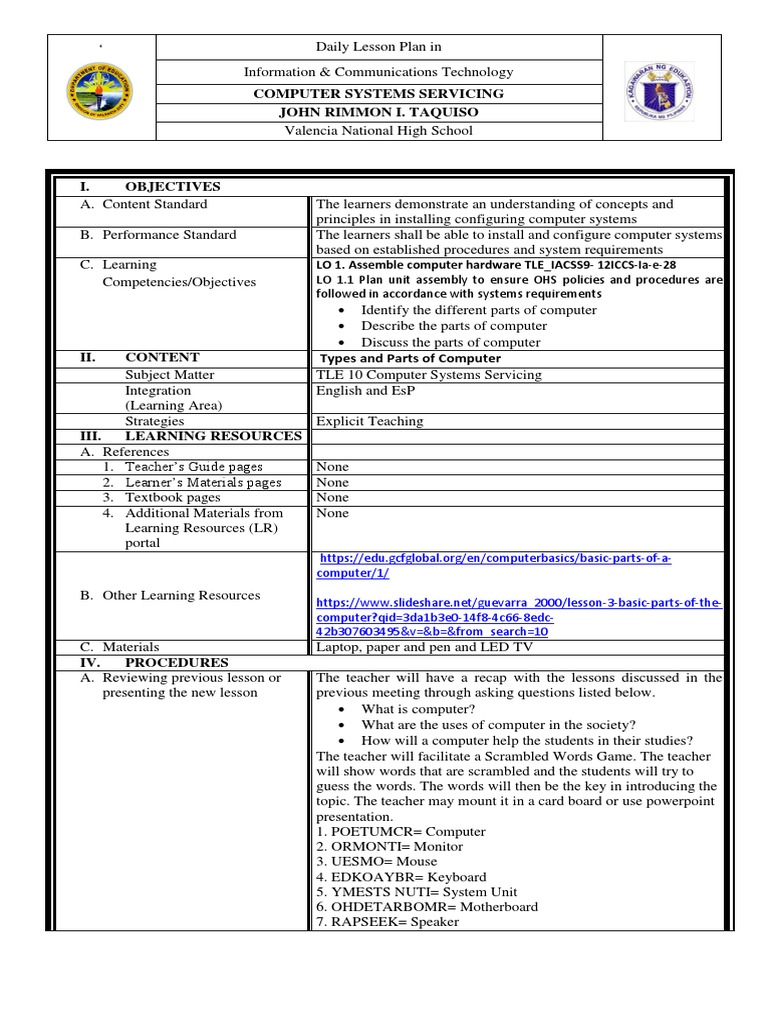 G10 ICT Lesson1 - Types and Parts of Computer | PDF | Computer Hardware | Input/Output