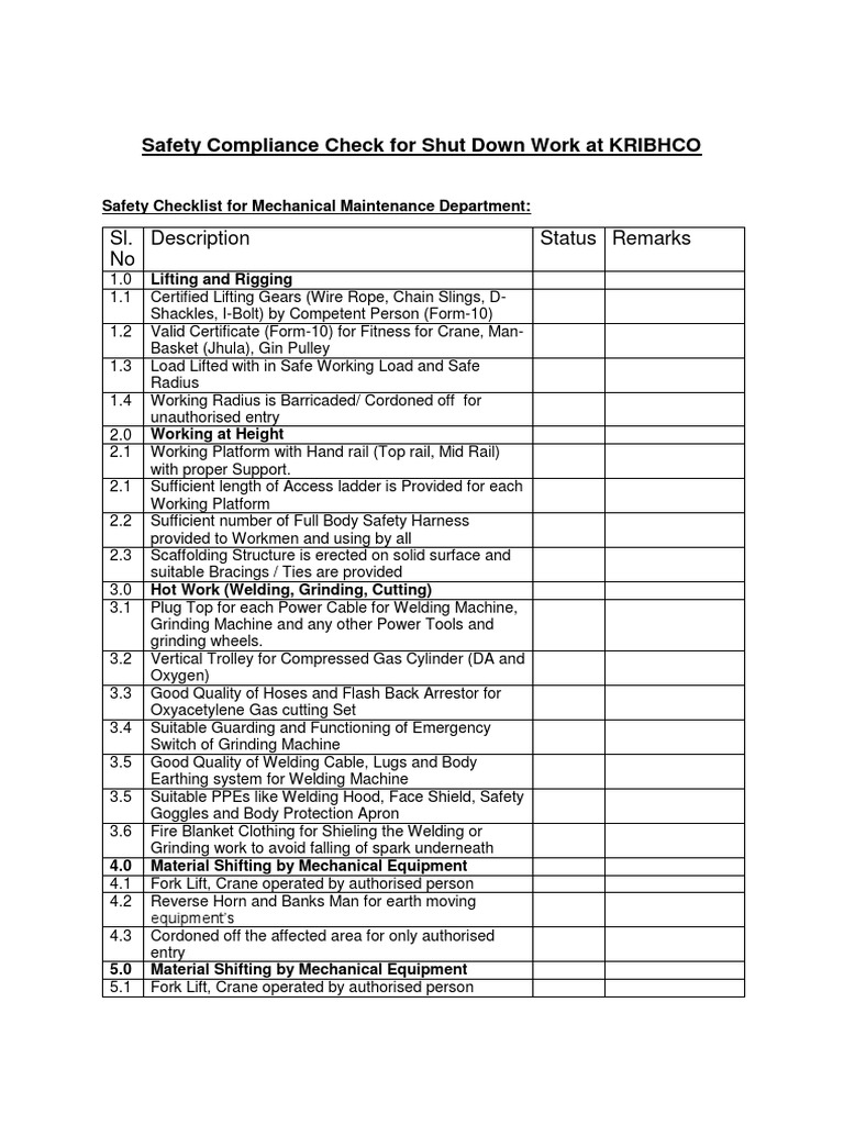 Checklist For Shutdown Pdf Scaffolding Crane Machine