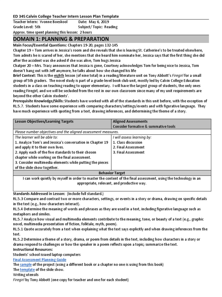 Domain 1: Planning & Preparation: ED 345 Calvin College Teacher Intern ...
