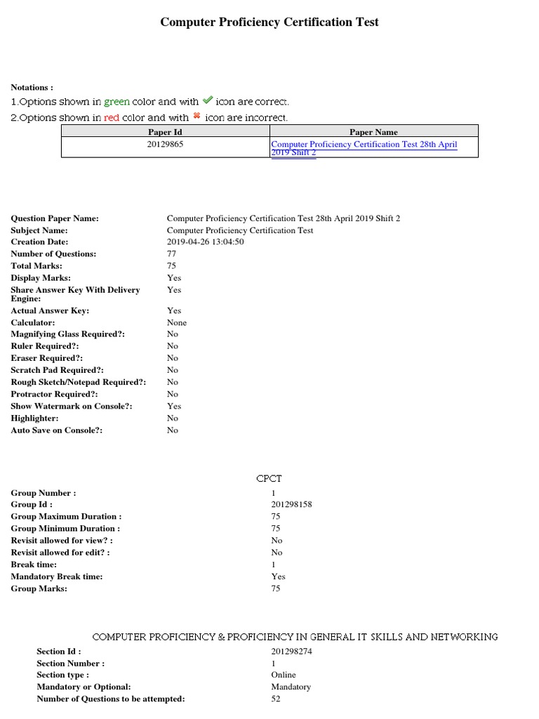 Computer Proficiency Certification Test 28th April 2019 Shift 2 | PDF ...