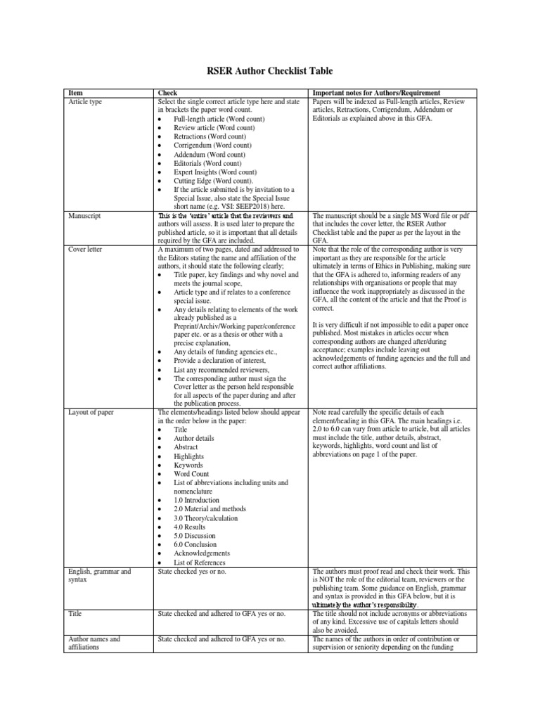RSER Author Checklist Table | PDF | Publishing | Citation