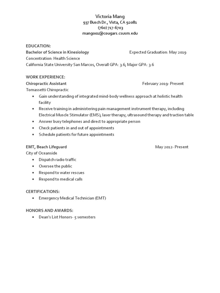 Victoria Mang - Kinesiology Graduate Resume | PDF | Self-Improvement ...