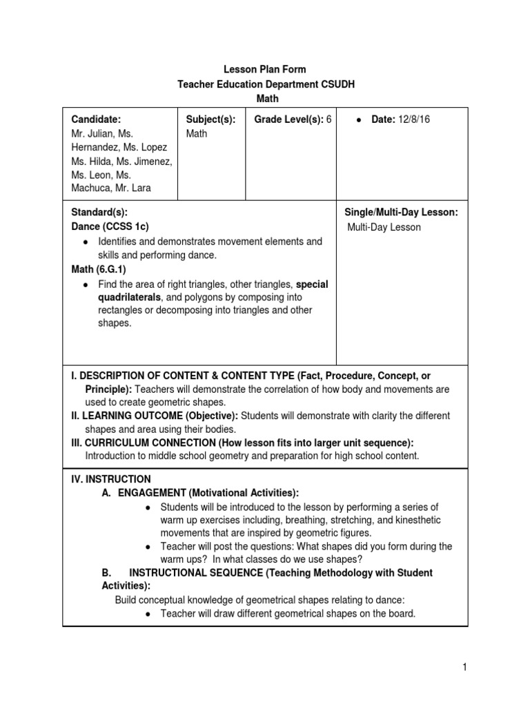 Dan 440 Lesson Plan | PDF | Shape | Teachers