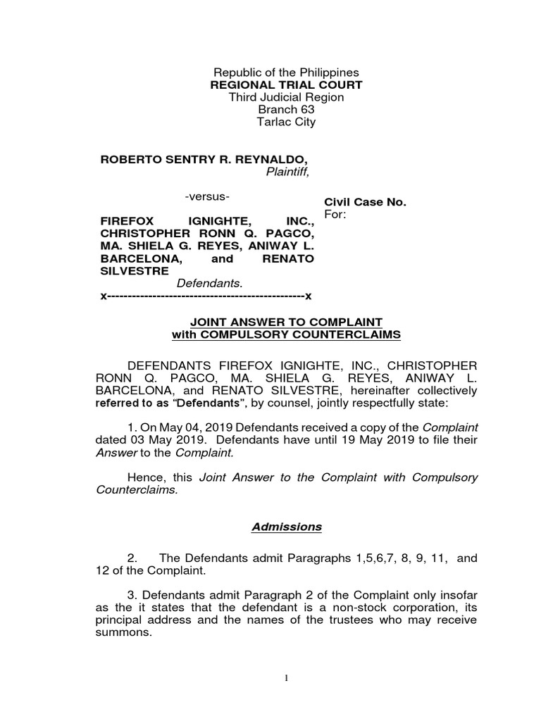 Answer Pleading | PDF | Lawsuit | Complaint