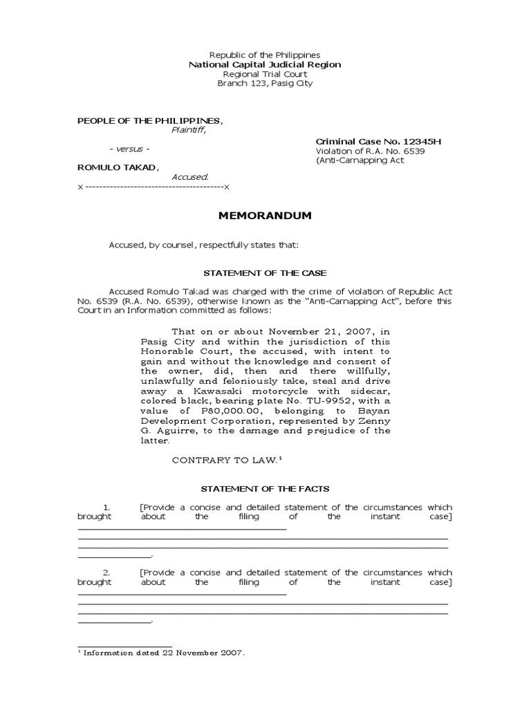 MyLegalWhiz - Trial Memorandum | PDF | Affidavit | Prosecutor