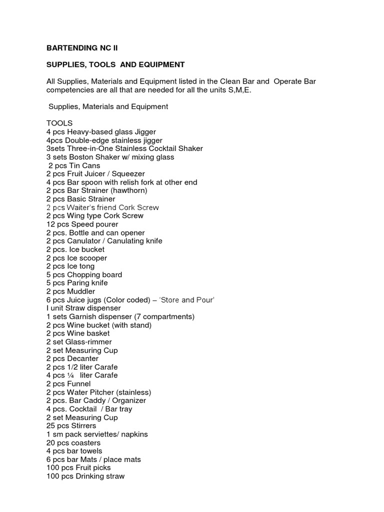 Bartending NC Ii Supplies, Tools and Equipment | PDF | Whisky | Drink