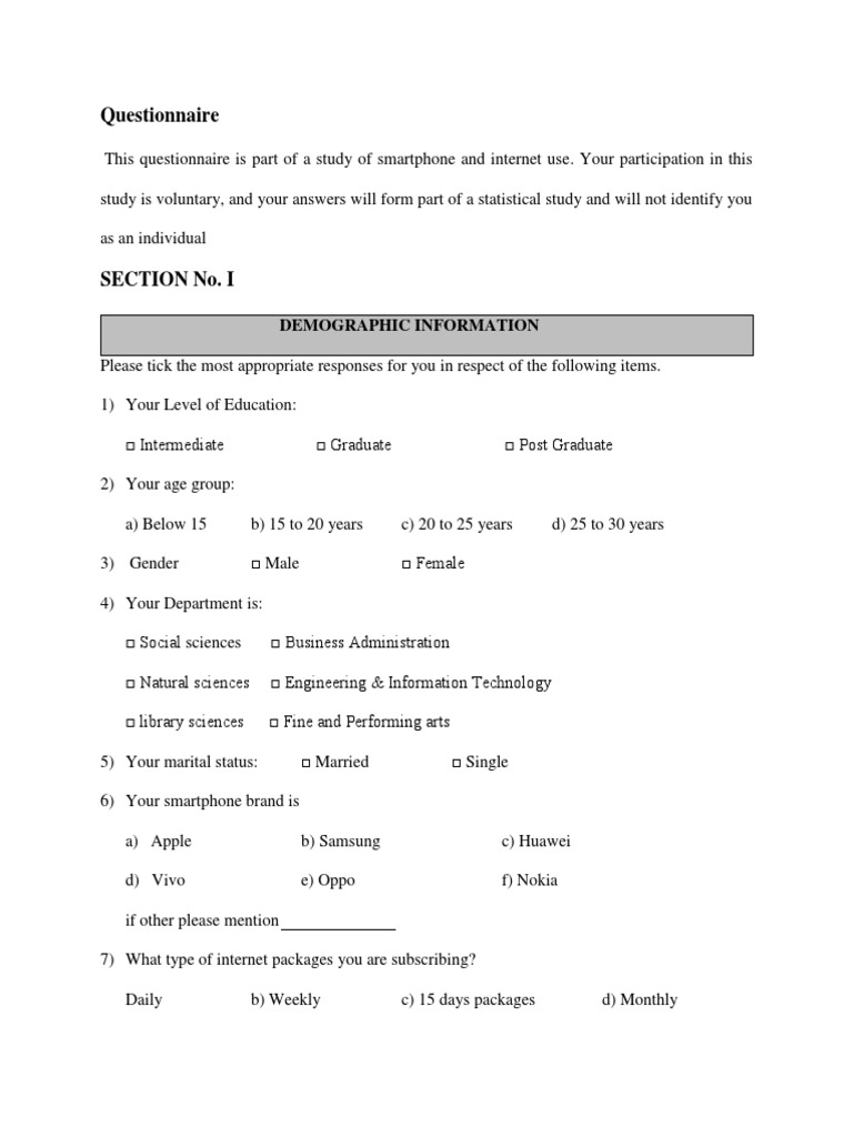 An Anonymous Questionnaire on Smartphone and Internet Usage Patterns, Behaviors, and Perceptions ...