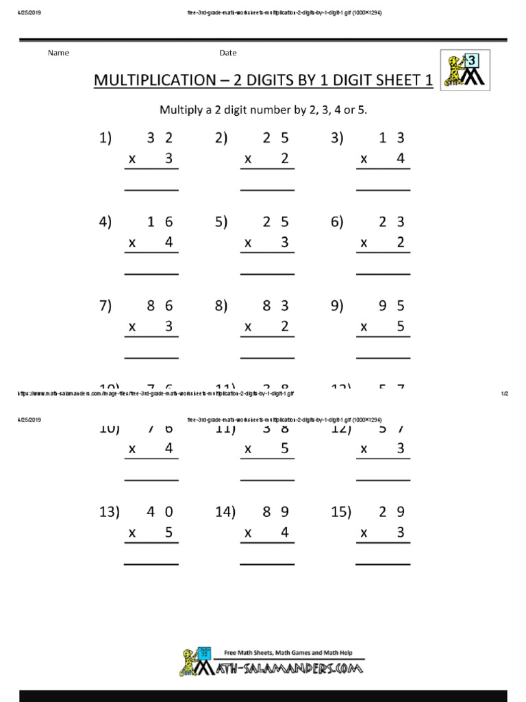 Free 3rd Grade Math Worksheets Multiplication 2 Digits by 1 Digit 1 | PDF