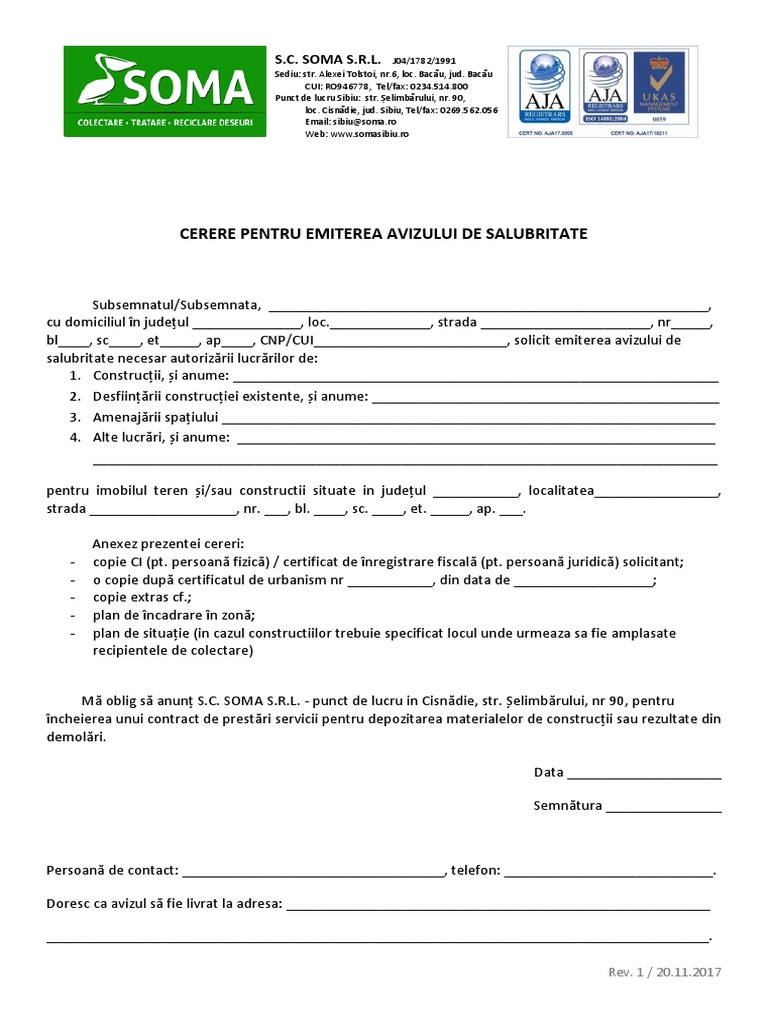 Cerere Emitere Aviz de Salubritate REVIZUIT | PDF