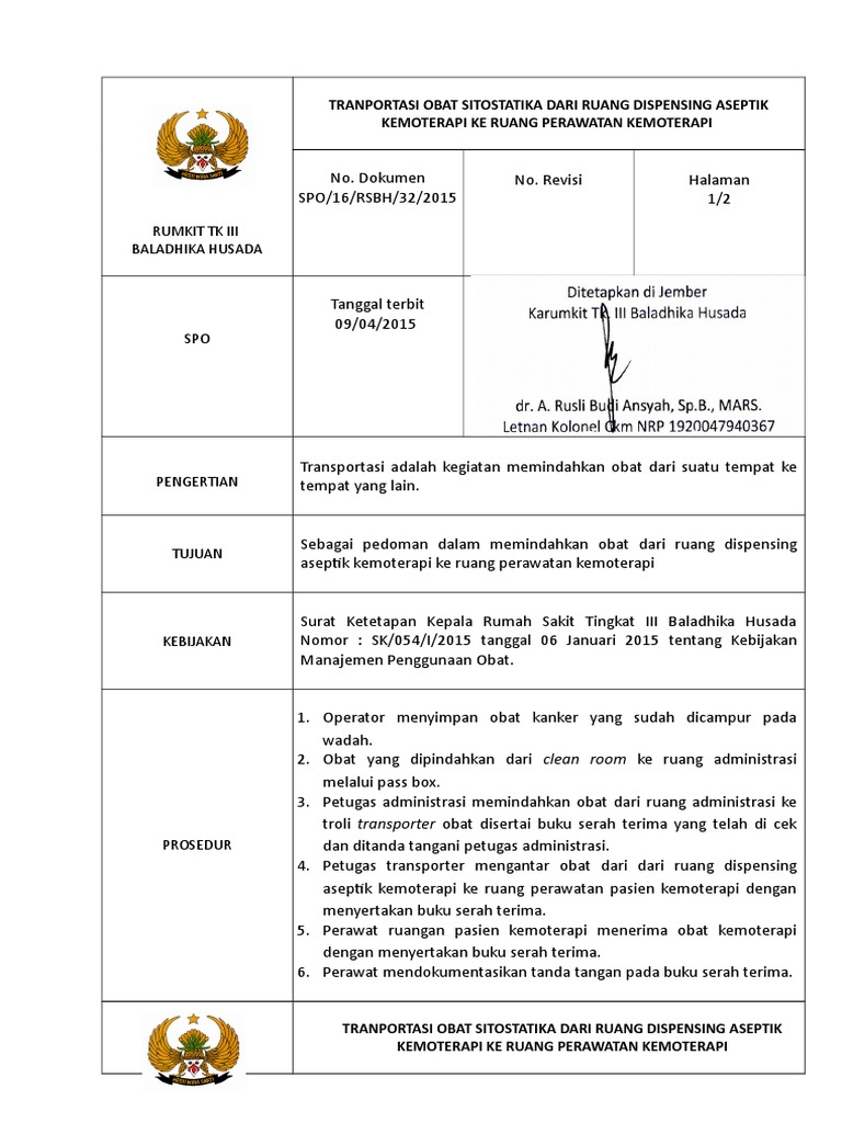 Spo Transportasi Obat Sitostatika Dari Ruang Dispensing Aseptik ...