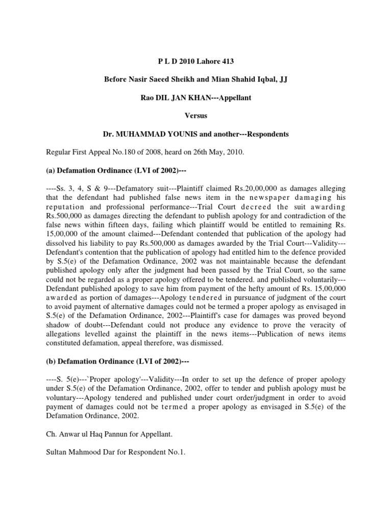 PLD 2010 Lahore 413 | PDF | Defamation | Ex Parte
